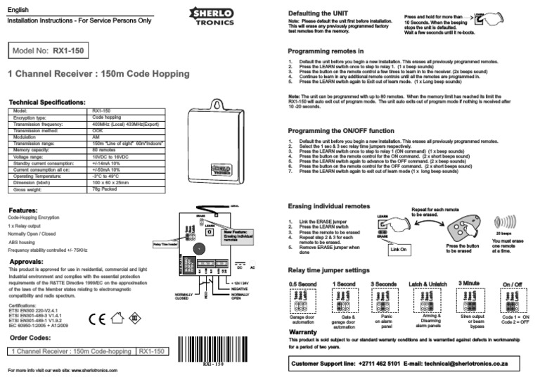 1 Channel Receiver: 150m Code Hopping: Model No: RX1-150 | PDF ...