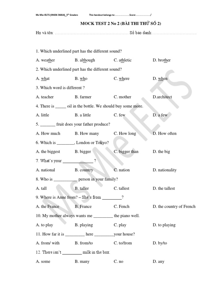 Đề thi thử lvt 2 | PDF | Lunch