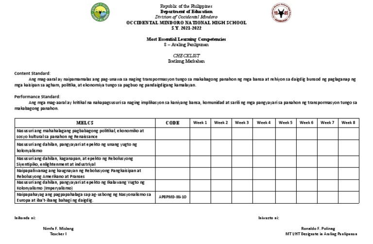 Checklist of MELC in AP 8 - q3 | PDF