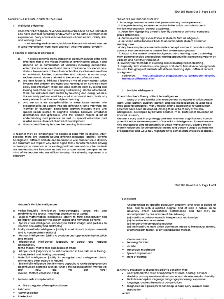 Edu 105 H3 | PDF | Learning | Disability