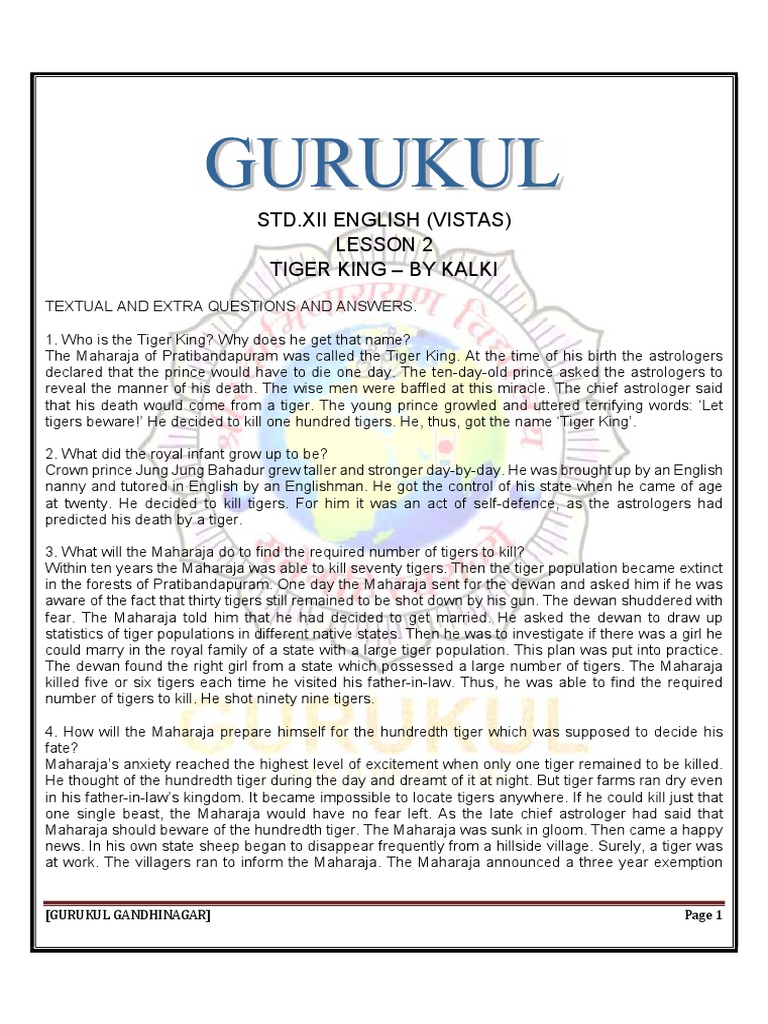 Class 12 Vistas Lesson 2 The Tiger King | PDF | Tiger | Hunting