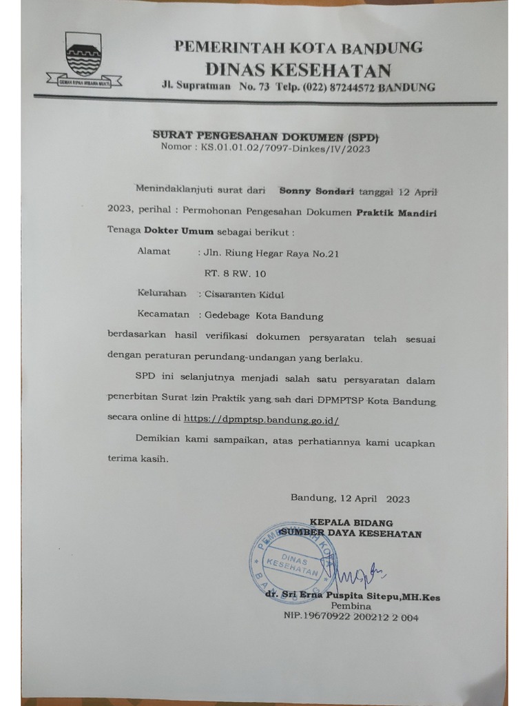 Surat Pengesahan Dokumen SPD Dinkes | PDF