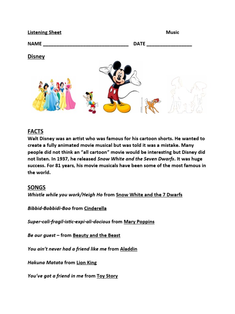 Listening Sheet - Disney | PDF