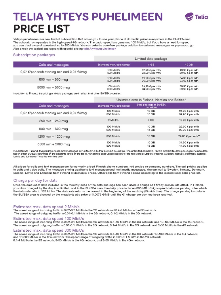 Telia Hinnasto MHS 03 2018 EN | PDF | Invoice | Voicemail
