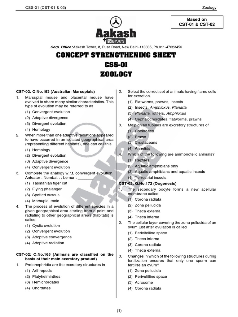 Concept Strengthening Sheet (CSS-01) Based On CST-01 & 02 - Zoology | PDF | Lipid | Cell Membrane