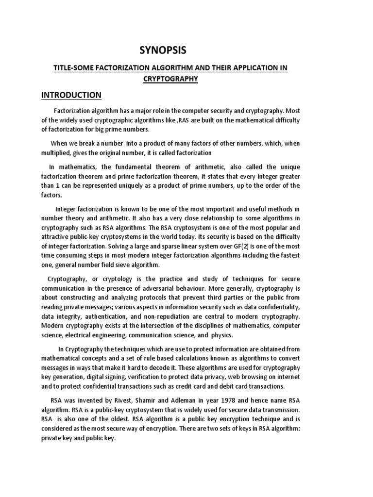 Synopsis: Title-Some Factorization Algorithm and Their Application in ...
