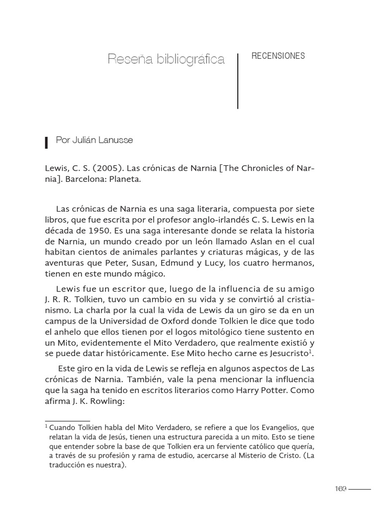 Reseña Bibliográfica: Recensiones | PDF | Las cronicas de Narnia | C. S ...