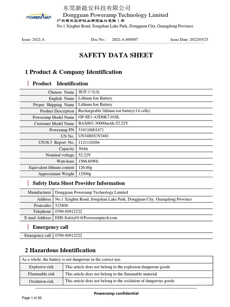 Lithium Ion Battery Safety Data Sheet | PDF | Lithium Ion Battery | Water