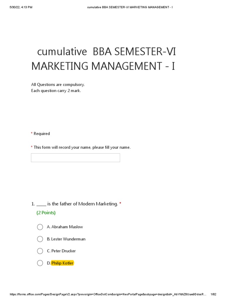 Question Bank BBA SEMESTER-VI MARKETING MANAGEMENT - I | PDF ...