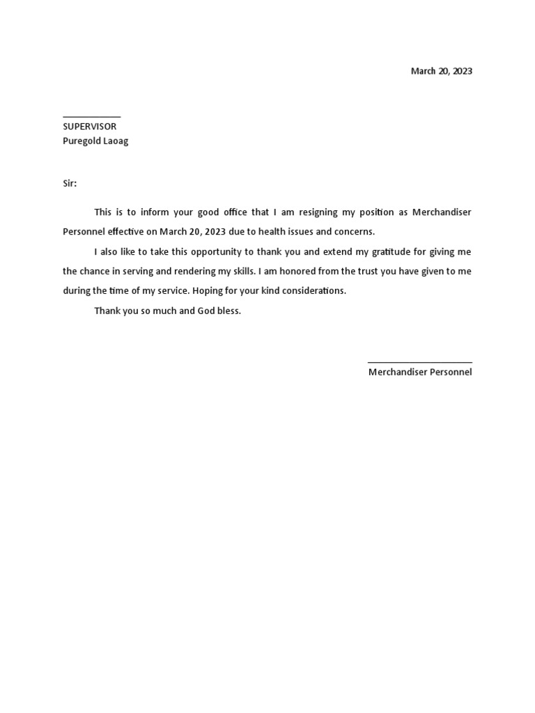 Resignation Letter For Merchandiser | PDF