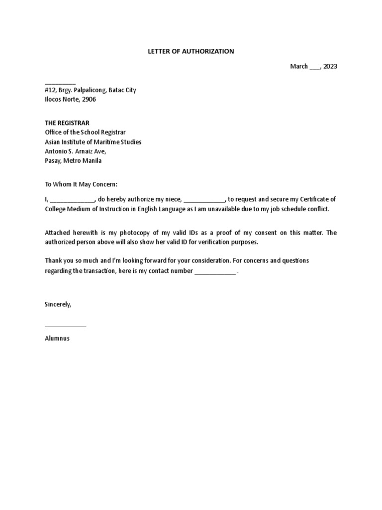 Authorization Letter for MOI Certificate | PDF | Social Science | Wellness