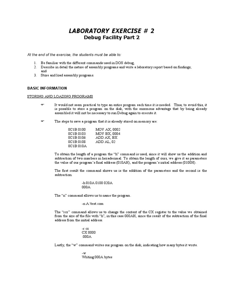 Laboratory Exercise # 2: Debug Facility Part 2 | PDF | Floppy Disk | Assembly Language