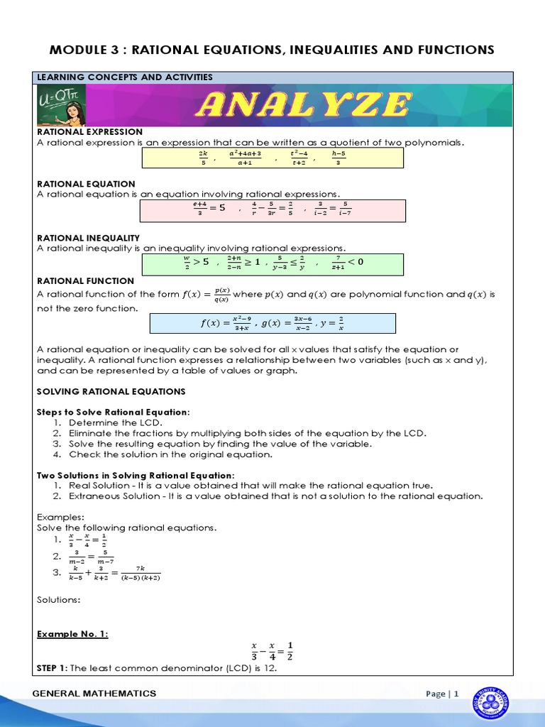 Module 3: Rational Equations, Inequalities and Functions: Page - 1 | PDF | Equations ...