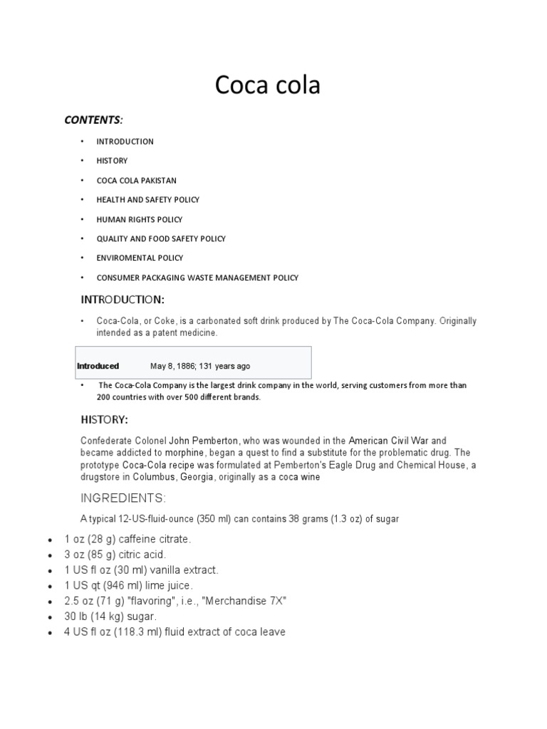Coca-Cola Health and Safety Policies | PDF | Coca Cola | Occupational ...