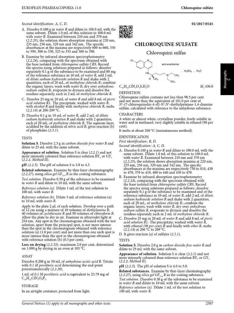 European Pharmacopoeia chloroquine sulfate monograph | PDF | Solubility ...