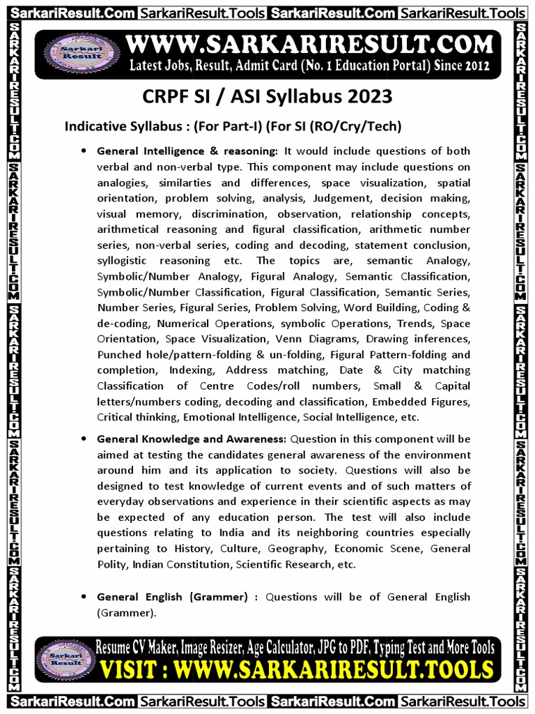 CRPF SI ASI Exam Syllabus | PDF