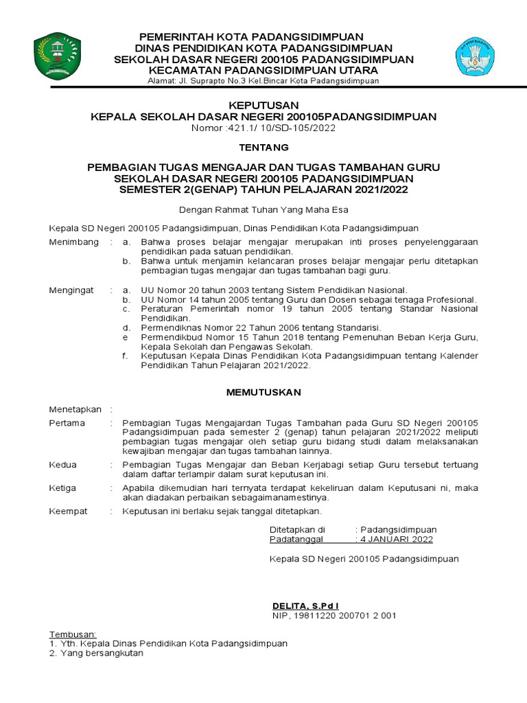 Format SK Pembagian Tugas SD 20212022 Sem 2 | PDF