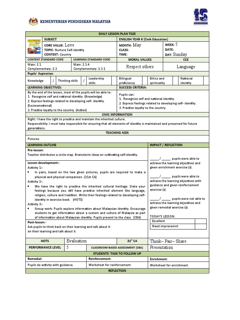 BI Y4 LP TS25 - Civic Education | PDF | Lesson Plan | Identity (Social Science)