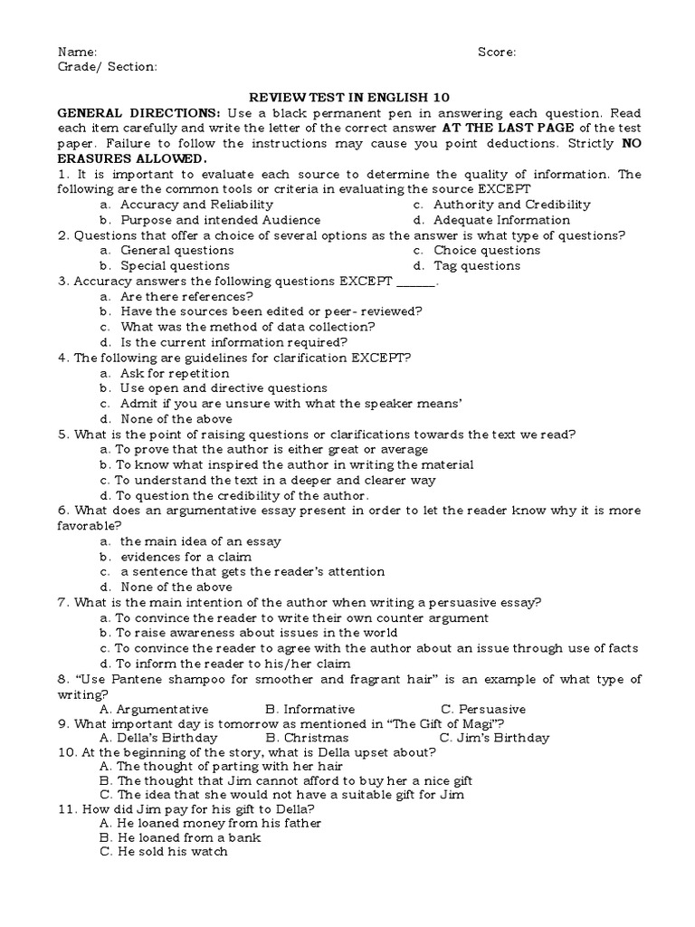Reviewtest Grade10 | PDF | Argument | Essays