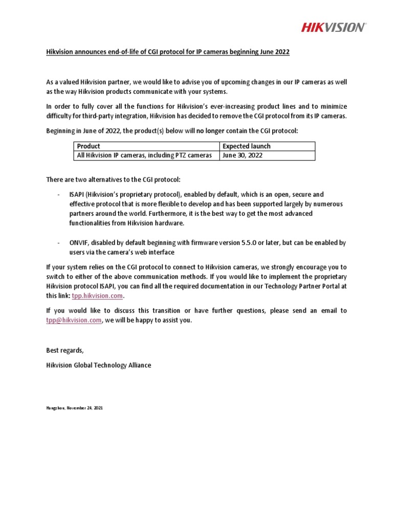 Hikvision Discontinues CGI Support in IP Cameras | PDF