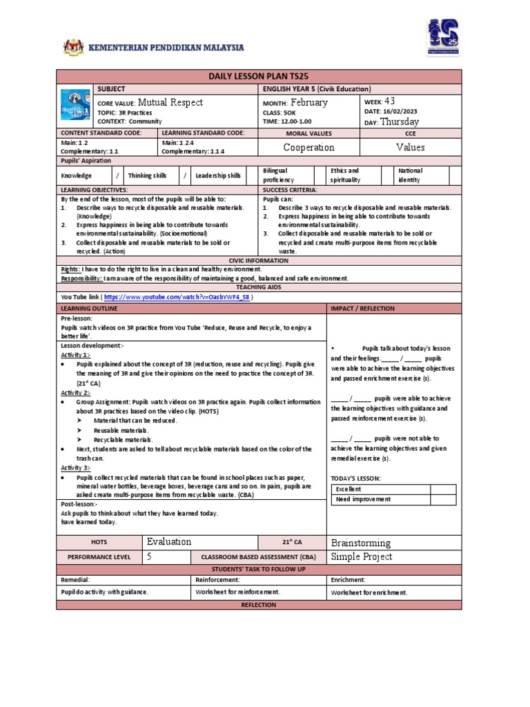 BI Y5 LP TS25 - Civic Education | PDF | Lesson Plan | Reuse