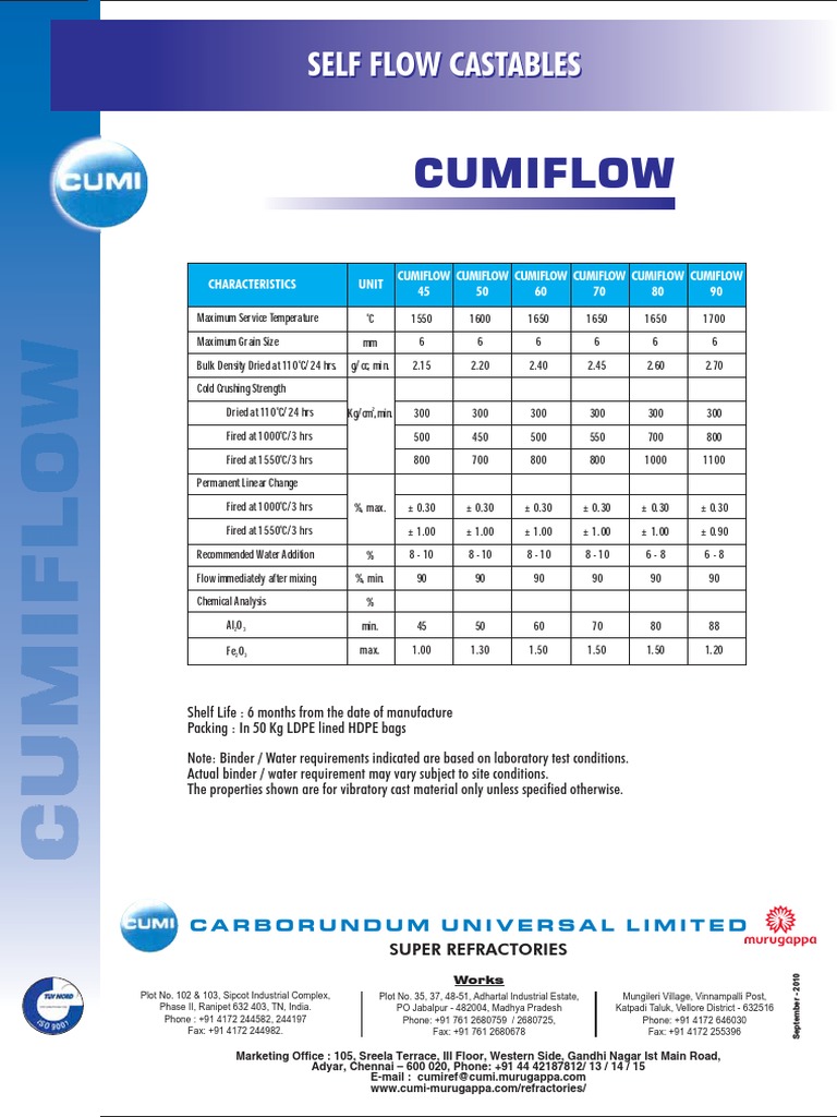 Pro Self Flow Castables Cumiflow Cumicast | PDF | Materials | Physical ...