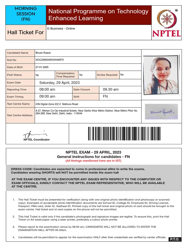 Hall Ticket and Instructions for the NPTEL Enhanced Learning E-Business Examination | PDF ...