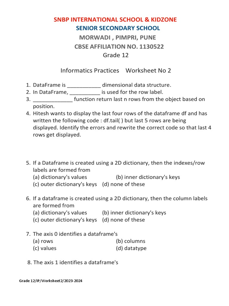 Grade 12 Informatics Practices Worksheet No 2: SNBP International ...