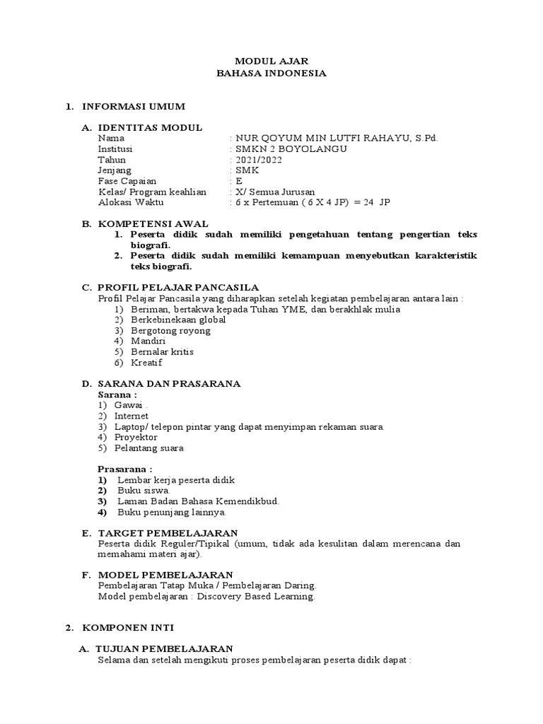 Modul Ajar Teks Biografi | PDF | Seni & Disiplin Bahasa | Sains & Matematika
