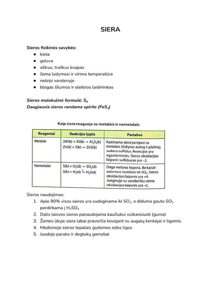 Siera Ir Sieros Junginiai. Chemija. 10 Klasė | PDF