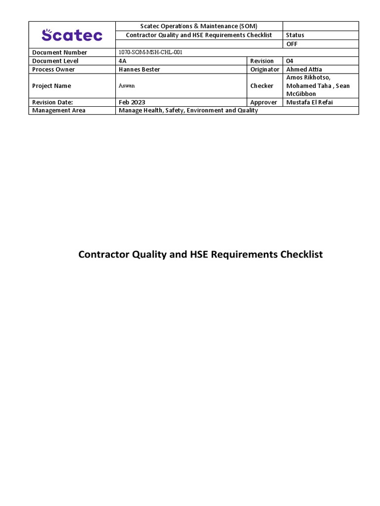 Contractor Quality and HSE Requirements Checklist | PDF