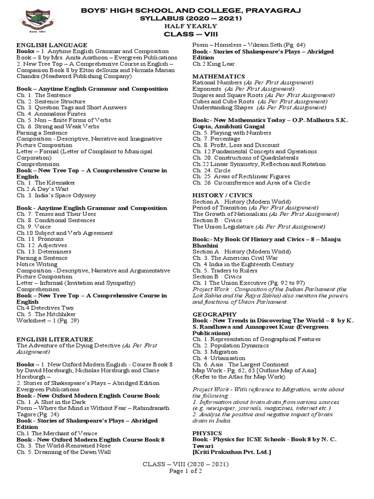 Class 8 Syllabus | PDF | English Language | Syntax