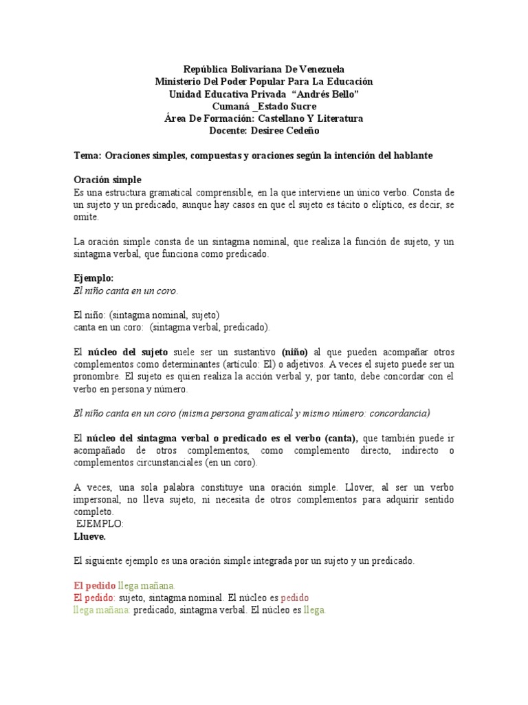Tipos de Oraciones en Castellano | PDF | Asunto (gramática) | Predicado ...