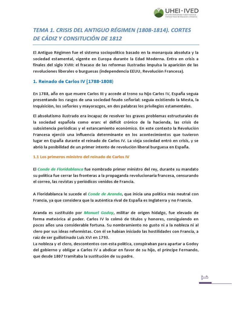 Tema 1. Crisis Del Antiguo Régimen (1808-1814) | PDF | Napoleón | Separación de poderes