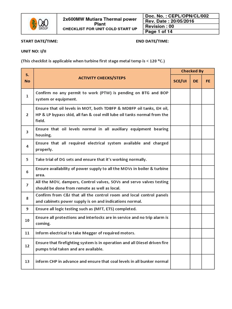 Coastal Cold Start Up Checklist | PDF | Boiler | Mechanical Engineering