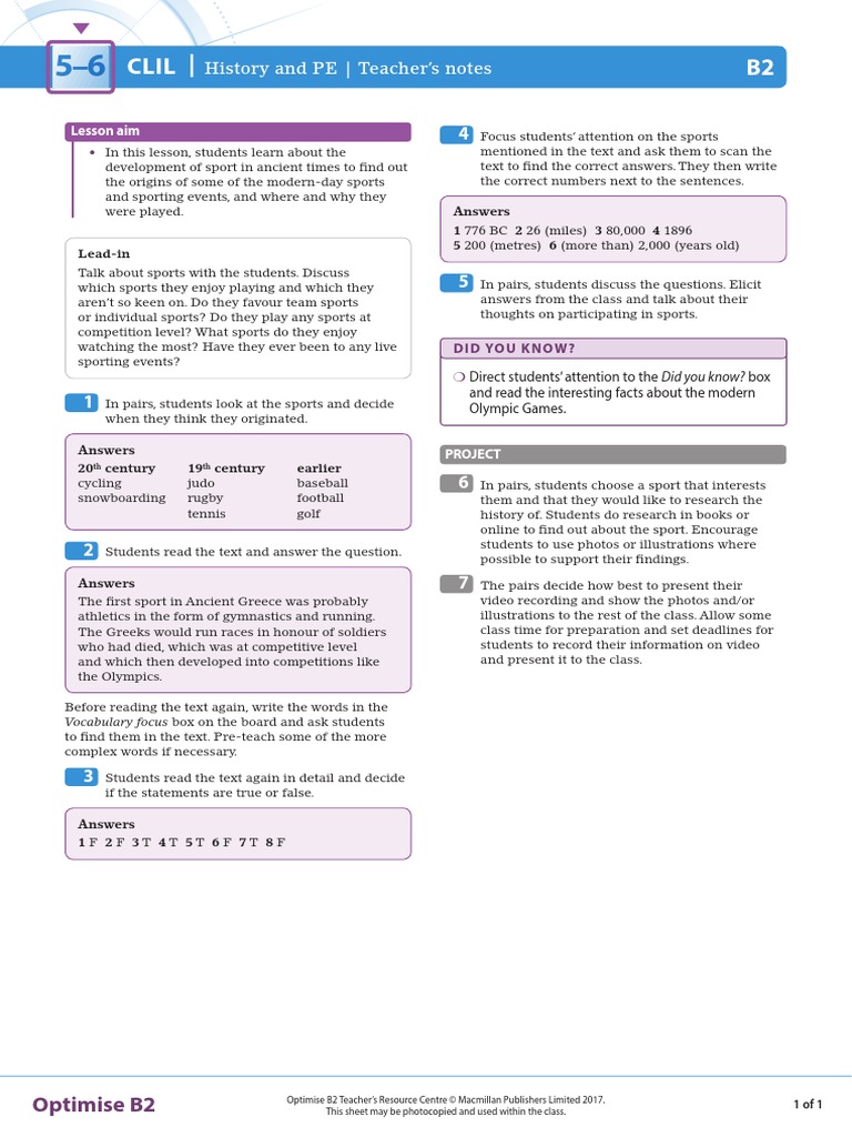 Clil - B2: History and PE - Teacher's Notes | PDF | Sports | Cognition