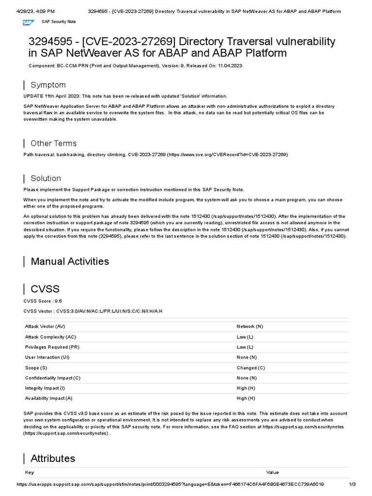(CVE-2023-27269) Directory Traversal Vulnerability in SAP NetWeaver AS For ABAP and ABAP ...