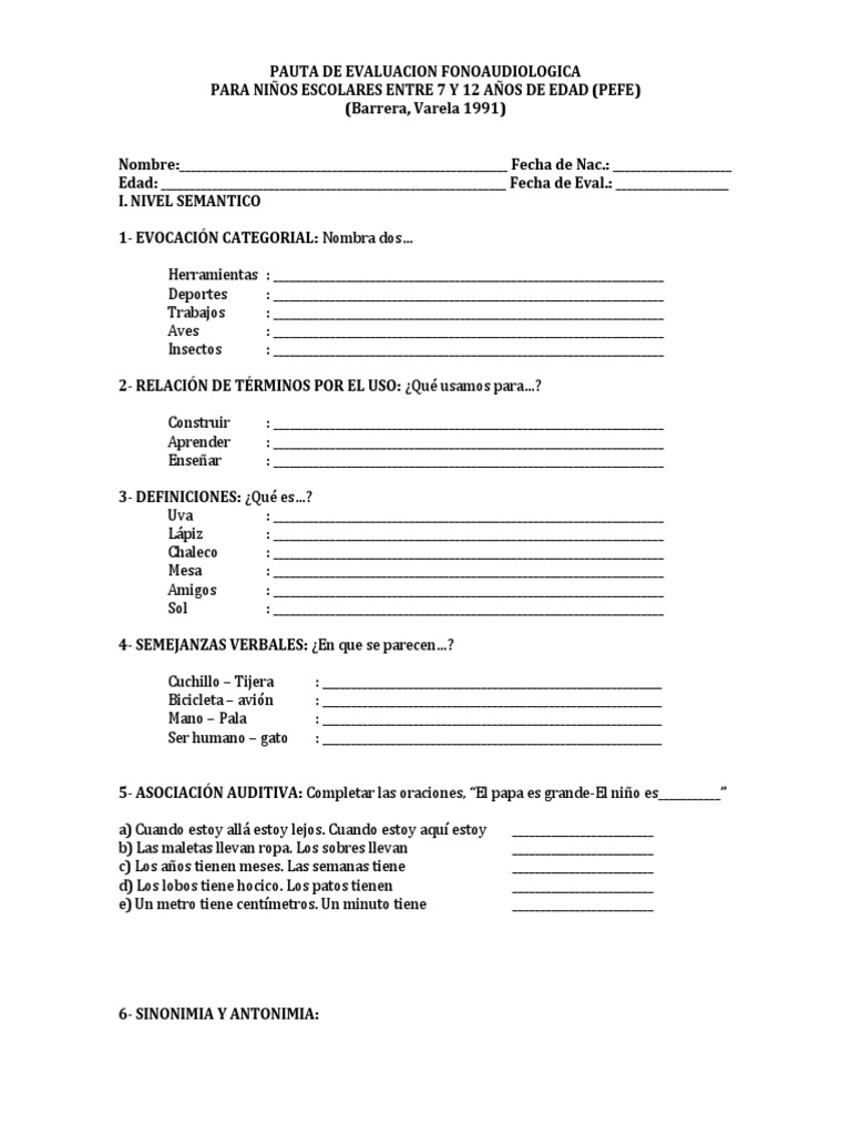 Evaluación Fonoaudiológica PEFE 7-12 Años | PDF | Crecimiento personal ...