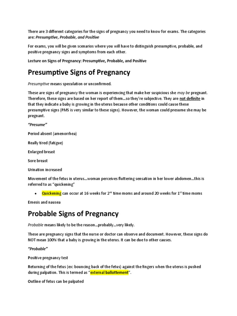 Signs of Pregnancy: Presumptive, Probable, and Positive | PDF ...
