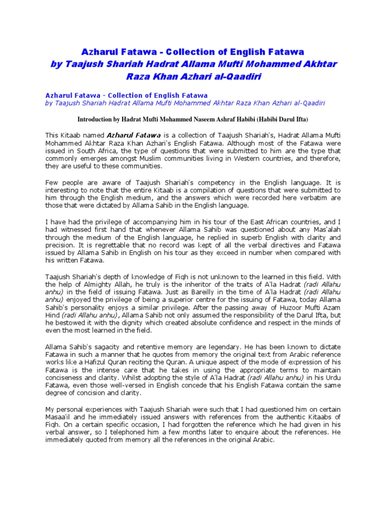 Azhar-Ul-Fatawa by Huzur Tajjush Shariah, Hazrat Allama Maulana Al-Haj ...