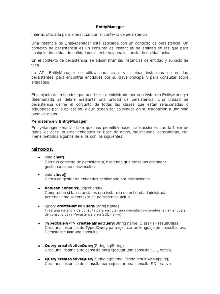 Persistence Y Entitymanager | PDF | Java (lenguaje de programación) | SQL
