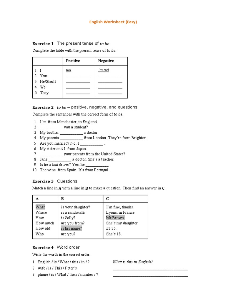 Easy English Worksheet | PDF | Linguistic Typology | Cognition