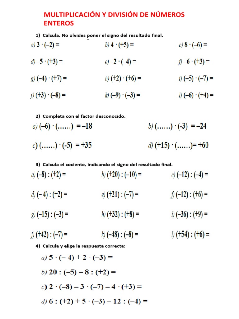 Multiplicación y División de Números Enteros | PDF