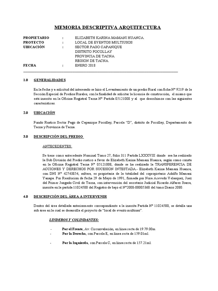 Memoria Descriptiva Arquitectura | PDF | Ingeniero civil | Materiales