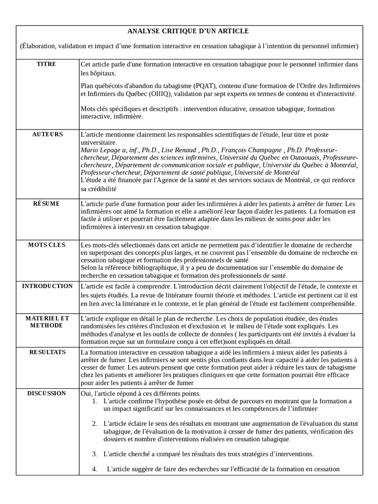 Analyse Critique D'un Article | PDF | Allaitement | Nicotine