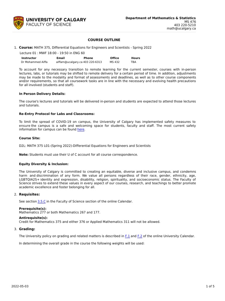 MATH375 P2022 LEC1 Outline | PDF | Differential Equations | Equations