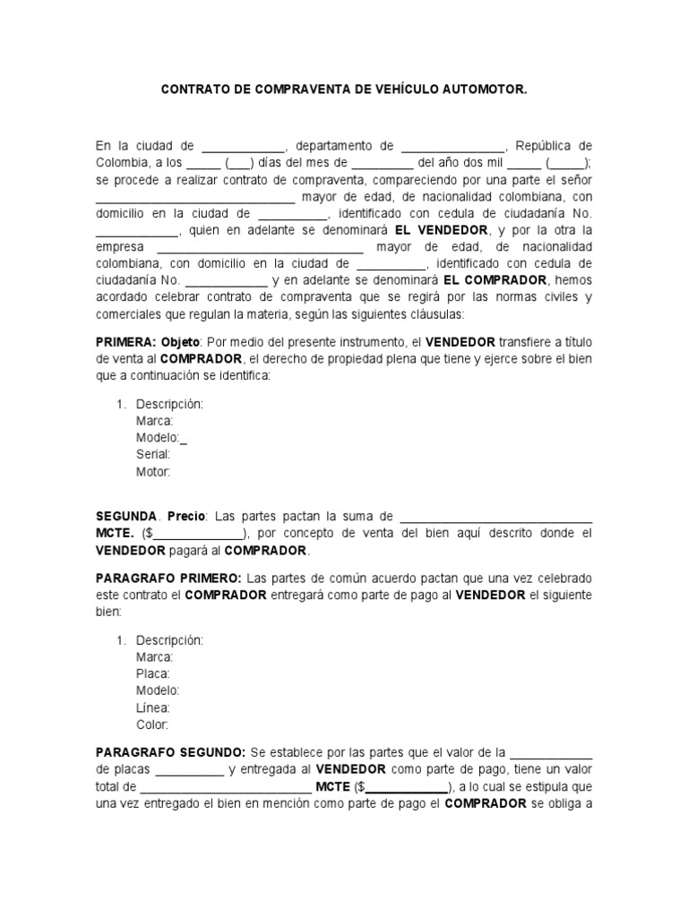 Contrato De Compraventa Vehiculo Automotor