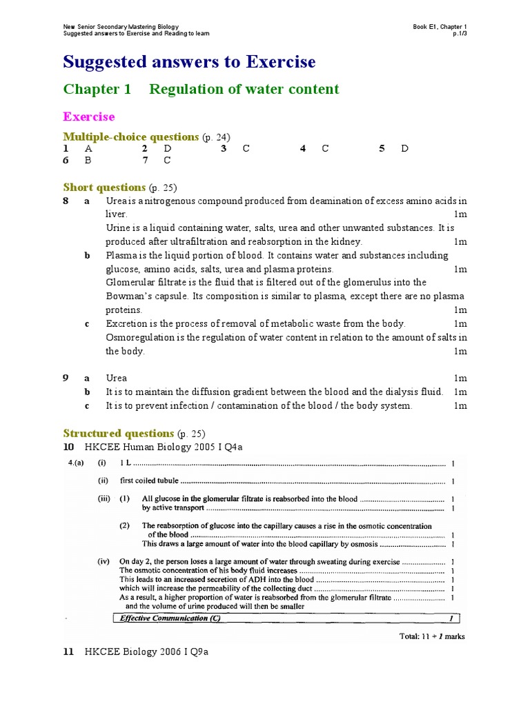 Suggested Answers To Exercise: Chapter 1 Regulation of Water Content | Download Free PDF ...