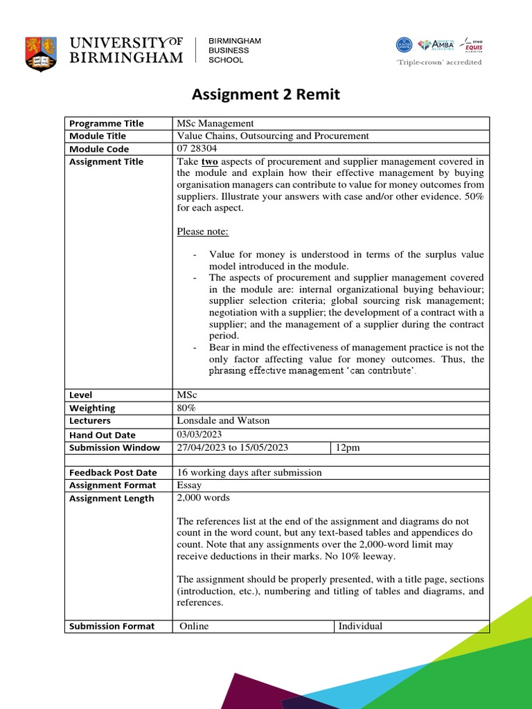 Assignment Remit (VCOP Ind - 2023) | PDF | Procurement | Supply Chain