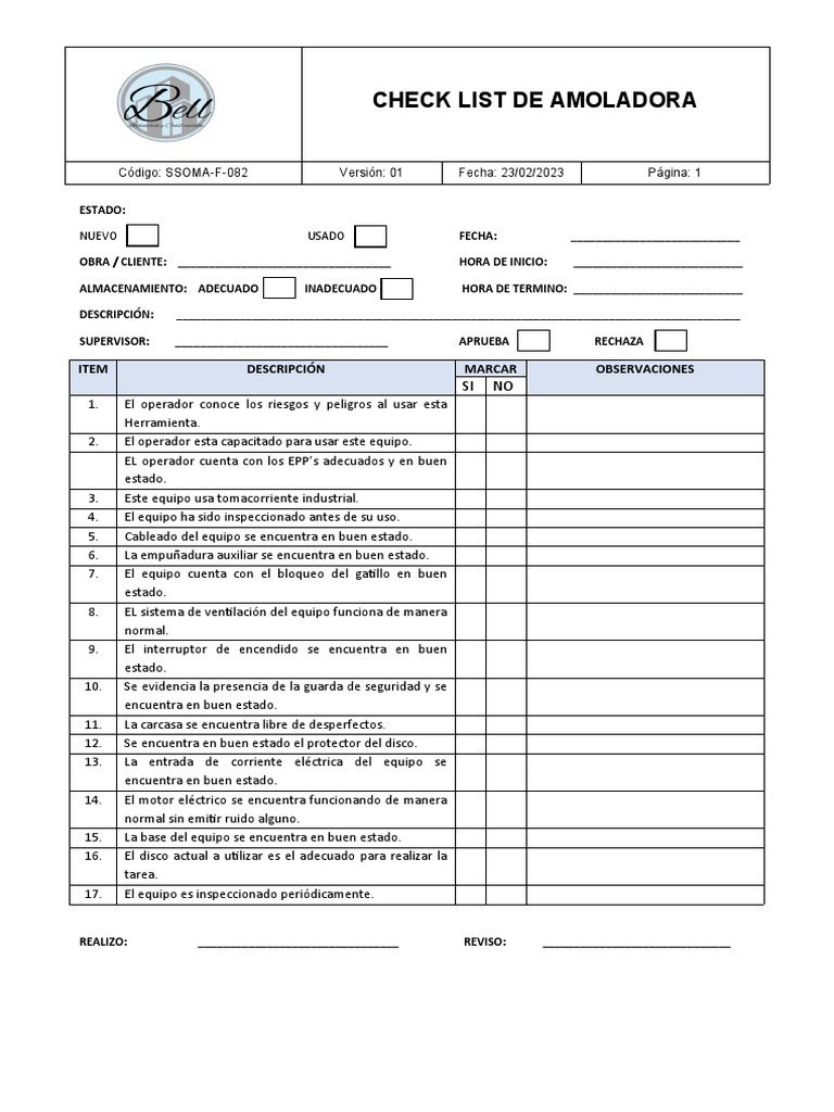 SSOMA - F - 082 - Checklist de Amoladora | PDF SSOMA - F - 082 - Checklist de Amoladora | PDF